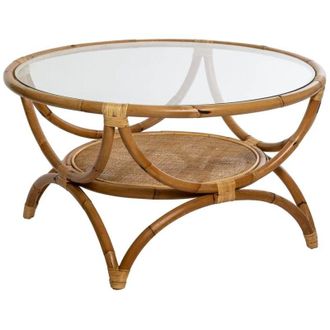 PEGANE Table basse avec rangements en rotin et verre tremp&eacute; - Diam&egrave;tre 90 x Hauteur 51 cm