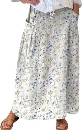 Generic Jupe longue d&eacute;contract&eacute;e en lin avec taille &eacute;lastique pour femme, blanc, 3XL