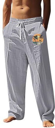 Generic Pantalon Coton Lin Homme Casual Comfy Pantalons De Plage Ete en Coton Et Lin Leger Respirant Yoga Sport Pants Taille Elastique Jambe Large Loisir Pant