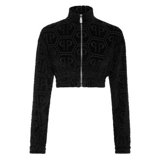 Philipp Plein Femme, Sweatshirts et sweats &agrave; capuche, Noir, Taille: 44 FR Veste de surv&ecirc;tement courte Monogramme Jacquard