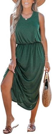 Cupshe Robe d&eacute;t&eacute; maxi sans manches pour femme, col rond, taille cintr&eacute;e, fente lat&eacute;rale, tunique trap&egrave;ze, robe d&eacute;contract&eacute;e, vert for&ecirc;t, L