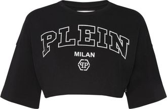 Philipp Plein Femme, Tops, Noir, Taille: 42 FR Cropped T-shirt Col Rond SS Strass