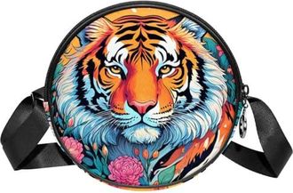 Generic Petit sac &agrave; bandouli&egrave;re rond pour femme, motif fleur de tigre, sac &agrave; dos avec fermeture &eacute;clair, bretelles r&eacute;glables, sac &agrave; main rond d&eacute;contract&eacute; pour 