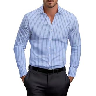 Generic Chemises daffaires &agrave; manches longues pour homme - Chemise d&eacute;contract&eacute;e &agrave; rayures boutonn&eacute;e - Coupe r&eacute;guli&egrave;re - Chemise classique pour homme - Chemise 