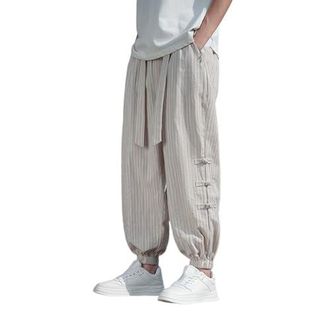 Generic Pantalon de jogging en lin l&eacute;ger avec cordon de serrage pour homme, coupe ample, pantalon de jogging ray&eacute; en lin pour le printemps et l&eacute;t&eacute;, beige, 3XL