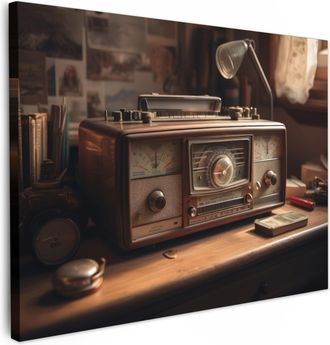 MuchoWow © Wandbilder 80x60 cm Schlafzimmer Home Deko Wohnung Bild Wohnzimmer Fotoleinwand Wand Bilder Leinwand Wall Decor Vintage - Radio - Alt - Schreibtisch