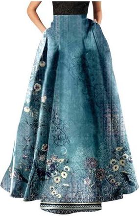 FNKDOR Jupes Maxi Femme Vintage Imprimé Floral Long Jupes Taille Haute A-Line Longue Jupe Décontractée Vacances Lété Plage Maxi Jupe Élégant Rétro Pin Up Pli