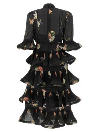 Zimmermann Pleated Flounce with Botanical Print Dress - Black