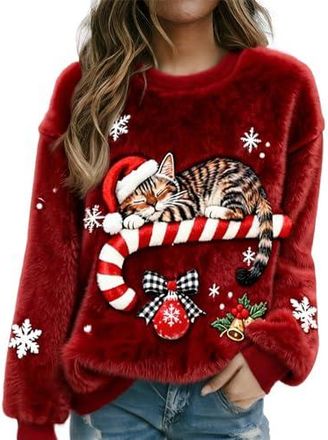 Generic Sweat-Shirt de No&euml;l en Flanelle avec imprim&eacute; Chat pour Femme, Style d&eacute;contract&eacute;, &eacute;l&eacute;gant, Doux et Chaud, Pull de No&euml;l Fantaisie &agrave; col Rond, Haut de Va