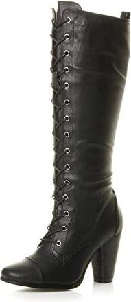 Ajvani Femmes haute talon carré lacets genou mollet motard bottes militaires taille UK 7 / EU 40 - noir
