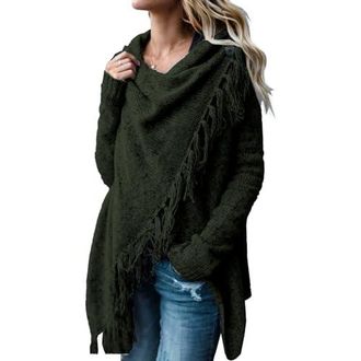Generic Pull vintage pour femme en tricot avec pampilles fendues et franges mouchetées, vert militaire, XL