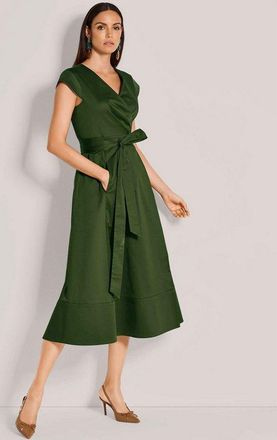 Madeleine Maxikleid Sommerkleid mit V-Ausschnitt Midikleid mit Bindeg&uuml;rtel, Kurzarm und Wadenl&auml;nge