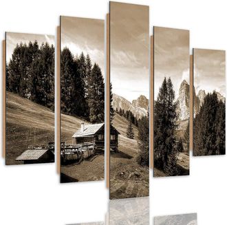 Feeby Wandbild Berge 150x100 cm Deco Panel 5 Teilig XXL Kunstdruck Hütte Bäume Sepia