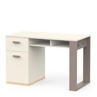 Demeyere Bureau Blanc et Gris avec Tiroir Silencieux, Deux Niches et 2 Crochets Latéraux - Bureau Enfant ou Adulte Fonctionnel 120x77x60 cm
