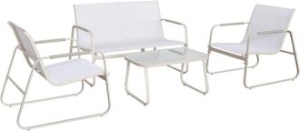 Sweeek Salon de jardin blanc NOTO acier. 4 places. un canap&eacute;. une table. deux fauteuils textilene