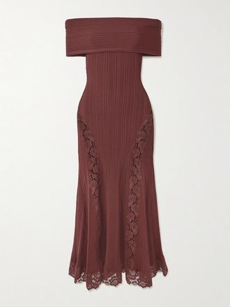 Self Portrait Off-the-shoulder Lace-trimmed Ribbed-knit Midi Dress - Burgundy