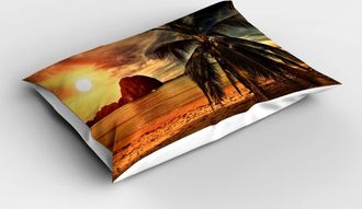 Abakuhaus Wendekreis Kissenbezug, Kokosnuss-Palme-Strand, Dekorativer Standard King Size Gedruckter Kissenbezug, 80 x 40 cm, Olivengrün und Orange