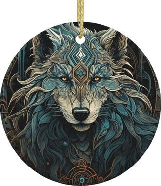 Generic Keramik Weihnachts Ornamente, Weihnachtsbaum Ornament, Uralter Wolf Wikinger Nordische Runen Blau, Christbaum Baumschmuck Anh&auml;nger, mit Seil