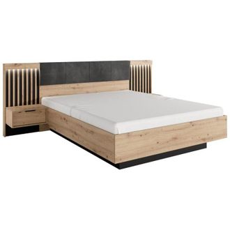 Vente-Unique Lit avec chevets 160 x 200 cm - Avec LEDs - Coloris : Naturel et noir - ARIADA