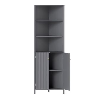 Giantex Badezimmerschrank, Eckschrank mit 3 offenen Regal & 2 T&uuml;ren, Aufbewahrungsschrank mit verstellbaren Ablagen, Badschrank 42,5 x 42,5 x 172,5 cm (Grau)