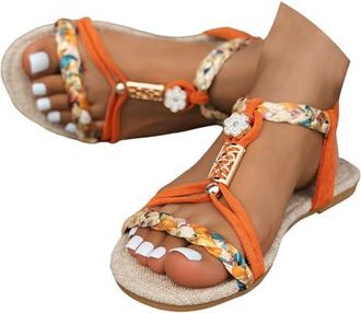 Generic Sandales plates &agrave; lani&egrave;res pour femme - Bout ouvert - Style d&eacute;contract&eacute; - Style boh&egrave;me - Sangle de cheville - Confortables - Large largeur - Perles - 