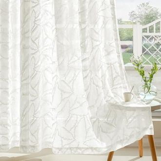 Miulee Rideaux Voile Rideaux avec Motifs de Feuilles Semi-Transparents avec oeillets Curtains Echarpes pour Salon Chambre à Coucher Chambre 2pcs. 140x160cm(L