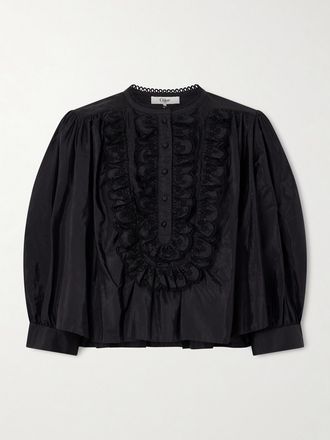 Chlo&eacute; Bluse Aus Taft Mit Lochstickerei Und R&uuml;schen - Schwarz