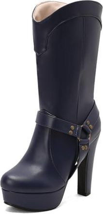 Generic Bottes Femmes Mi-Mollet avec Ceinturon À Boucle Plateformes Talons Hauts Bout Rond Cuir Faux Bottes De Soirée De Mode,Bleu,39 EU