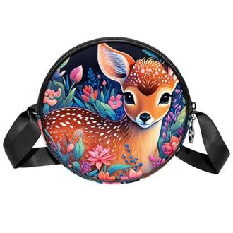 Generic Sac &agrave; bandouli&egrave;re rond pour femme, petit sac &agrave; bandouli&egrave;re avec fermeture &eacute;clair, bretelles r&eacute;glables, style d&eacute;contract&eacute;, motif cerf