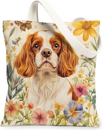 Generic Spring Cavalier King Charles Spaniel Sac fourre-tout en toile pour le shopping 33 x 38,1 cm, sac d&eacute;picerie r&eacute;utilisable pour femme, motif chien, d&eacute;cor
