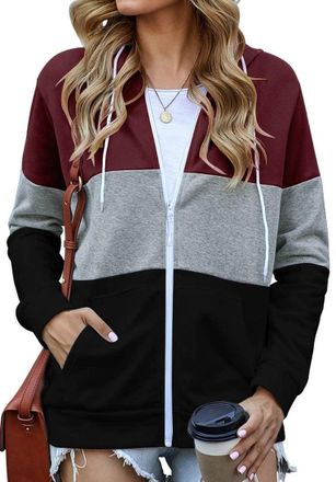EUDOLAH Damen Colorblock Sweatjacke mit Tasche Kapuzenjacke mit Rei&szlig;verschluss Loose Fit Hoodie Casual Running Fitness Sweatshirt A-Weinrot XXL
