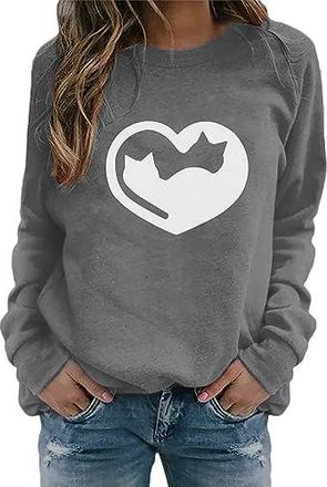 Generic 2026 Sweat-shirt &agrave; capuche d&eacute;contract&eacute; &agrave; manches longues pour femme Motif chat pour lautomne et lhiver, gris, L