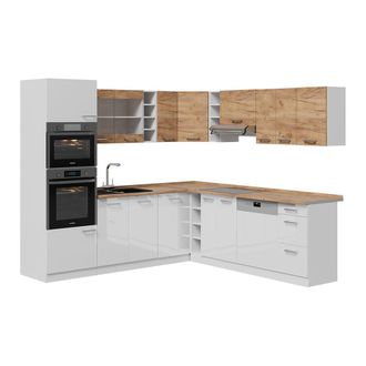 Vicco Eckk&uuml;che R-Line, Goldkraft Eiche/Wei&szlig;, 247 x 60 cm zweifarbige Schr&auml;nke, AP Eiche