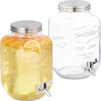 Relaxdays Getr&auml;nkespender 2er Set, Limobeh&auml;lter 4L, Zapfhahn und Deckel, Wasserspender, Glas & Kunststoff, transparent