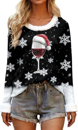 Generico T-shirt de Noël amusant avec imprimé de coupe Sweat à manches longues élégant pour automne et hiver Pull de Noël pour femme avec doublure en polaire e