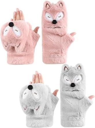 Generic Lot de 2 paires de moufles dhiver &eacute;paisses et chaudes en peluche douce pour femme - Gants &agrave; rabat sur le th&egrave;me du renard chic (rose et gris)