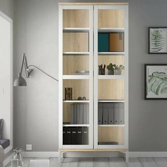 Dmora Vitrine Lisanne, Glas-Sideboard, Mehrzweckvitrine, H&auml;ngendes B&uuml;cherregal mit Glast&uuml;ren, 89x36 h203 cm, Wei&szlig; und Eiche