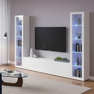 Dmora Ausgestattete Wand Gino, 3-t&uuml;riges TV-St&auml;nder-Wohnzimmerset, Mehrzweck-Wohnzimmerm&ouml;bel mit Vitrine und LED-Licht, 100% Made in Italy, 260 x 30 x 180 c
