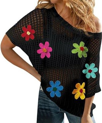 Generic Pull léger pour femme en tricot thermique doux à manches courtes tendance et polyvalent brodé floral, Noir, S