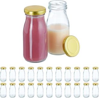 Relaxdays Flaschen, 24er Set, mit Schraubdeckel, f&uuml;r Smoothies, Saft, Milch, kleine Glasflaschen, transparent/Gold