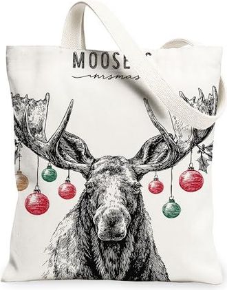 Generic Sacs fourre-tout en toile d&eacute;lan de No&euml;l, motif animal rustique, sacs d&eacute;picerie, sacs d&eacute;picerie r&eacute;utilisables, vintage, l&eacute;gers, lavables, blanc, 13x15 