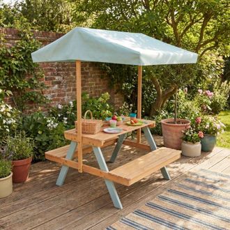 Sweeek Table de pique-nique. salon de jardin enfant bois dacacia avec parasol 2 places vert de gris - Jade