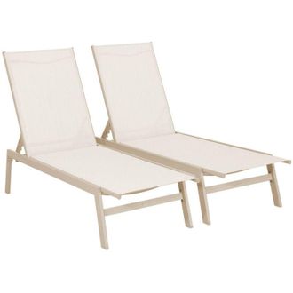 Sweeek Lot de 2 transats beige. 5 positions. en textil&egrave;ne et m&eacute;tal. FLORA. L155 x P59 x H106cm