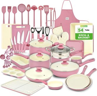 Nutrichef NutriChef Topfset & Pfannenset - 54-teiliges Antihaft-Kochgeschirr Blush Pink | Inkl. Küchenutensilien, Backblech, Messer | Für Induktion, Gas & Elekt