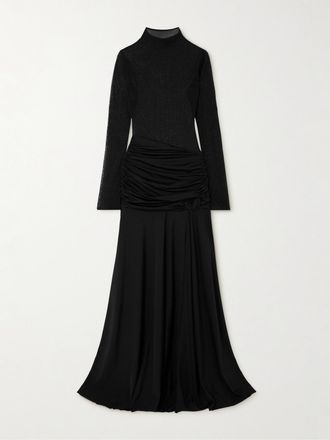 Maygel Coronel Mageia Maxikleid Aus T&uuml;ll Und Gl&auml;nzendem Stretch-jersey Mit Raffungen - Schwarz