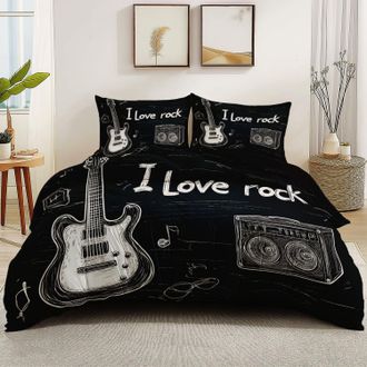 Generic Bettw&auml;sche Set Reversibel f&uuml;r Kinder Teens M&auml;dchen Zimmer Dekor, Sommerbettbez&uuml;ge Einfach Strichzeichnungen Gitarre Thema Schwarz, Microfaser Bettbez&uuml;