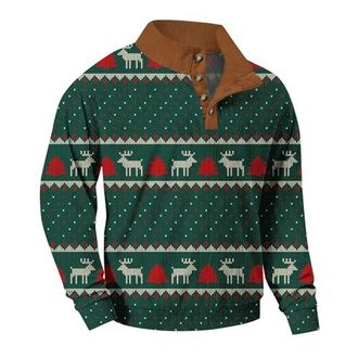 Generic Sweat-shirt de Noël amusant pour homme, bonhomme de neige, renne, grande taille, tenue de Noël 1/4 bouton à manches longues, haut fantaisie, costume d