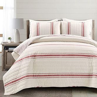 Lush D&eacute;cor Farmhouse Stripe 3-teiliges Bettw&auml;sche-Set, Kingsize, Rot