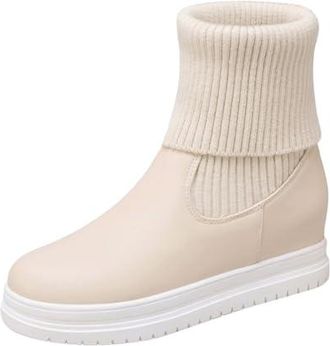 Generic Bottines Femme Plates Bout Rond Cuir Patchwork Chaussette Tricot&eacute;e Extensible Bottes Courtes &Agrave; Enfiler Plateforme Semelle Antid&eacute;rapante Chaussures D&eacute;c