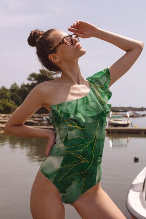 Averie Damen vegan Badeanzug Ruffled One-Piece Jade Gradient Print Gr&uuml;n